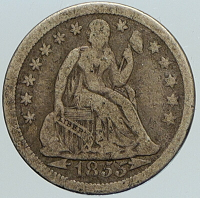 1855 P UNITED STATES US Silver SEATED LIBERTY Vintage Antique Dime Coin ...