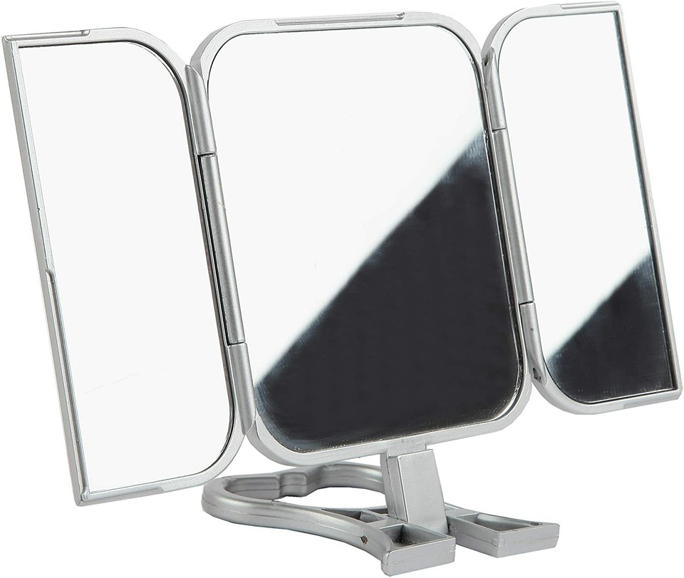 Tri-Fold Mirror Hand Held or Stand 3 Way Makeup Shave Mirror Never Miss ...