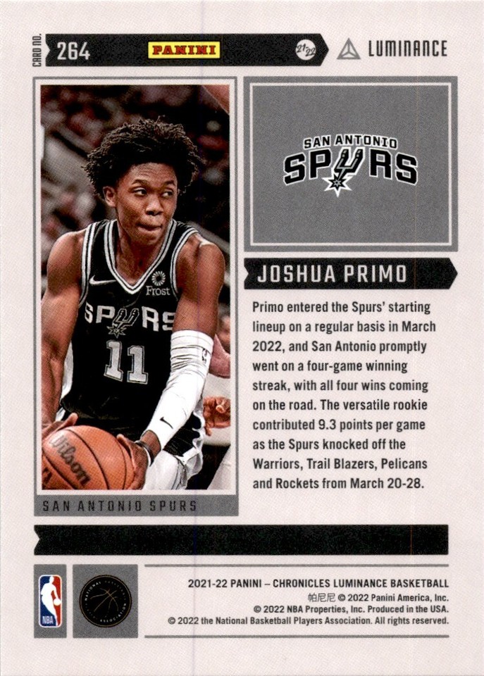 2021-22 Panini NBA Sticker & Card Collection Joshua Primo San Antonio ...