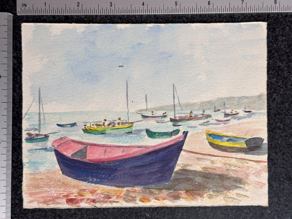 Ancienne aquarelle Gabrielle Bellocq vers 1960 Bateaux port Bretagne ...