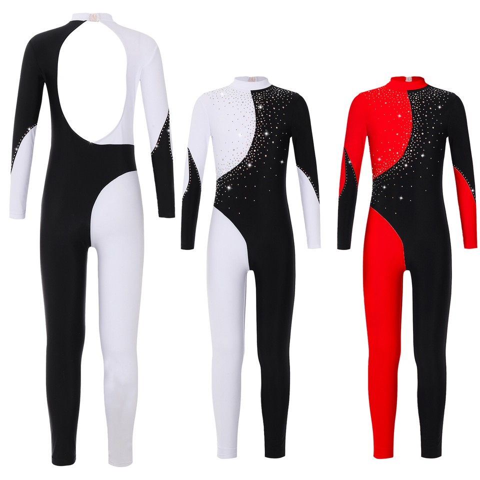 Kids Girls Gymnastic Dancewear Bodysuits Costumes Jumpsuit Rhinestone ...