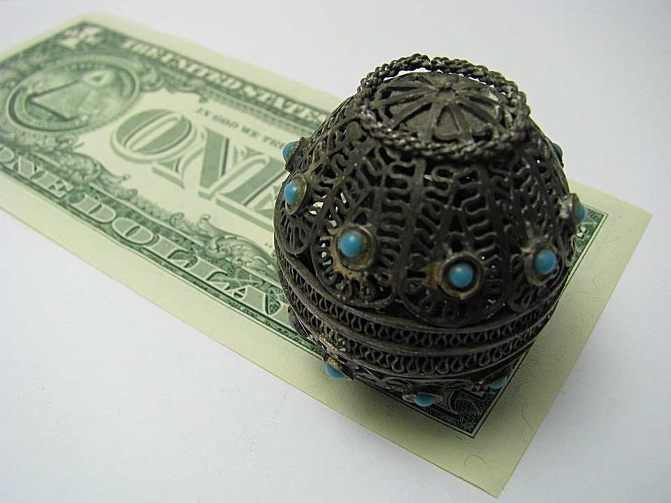 STERLING SILVER SPICE BOX BESAMIM CANDLE HOLDERS FILIGREE TURQUOISE ...