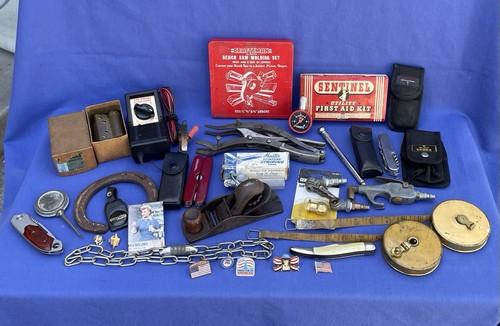 Random Junk Drawer Lot Tools Pouches Knives Tin Charger Pins Lots ...