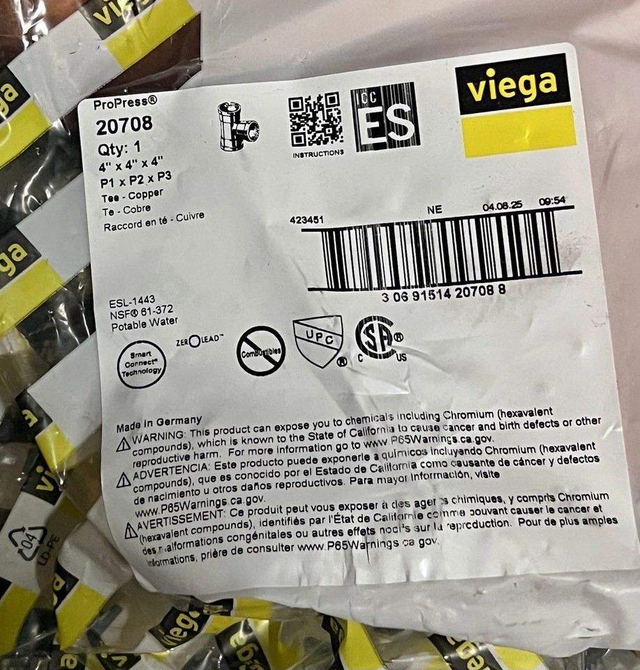 Viega 20708 4” ProPress Copper Tee (P1xP2xP3) | eBay