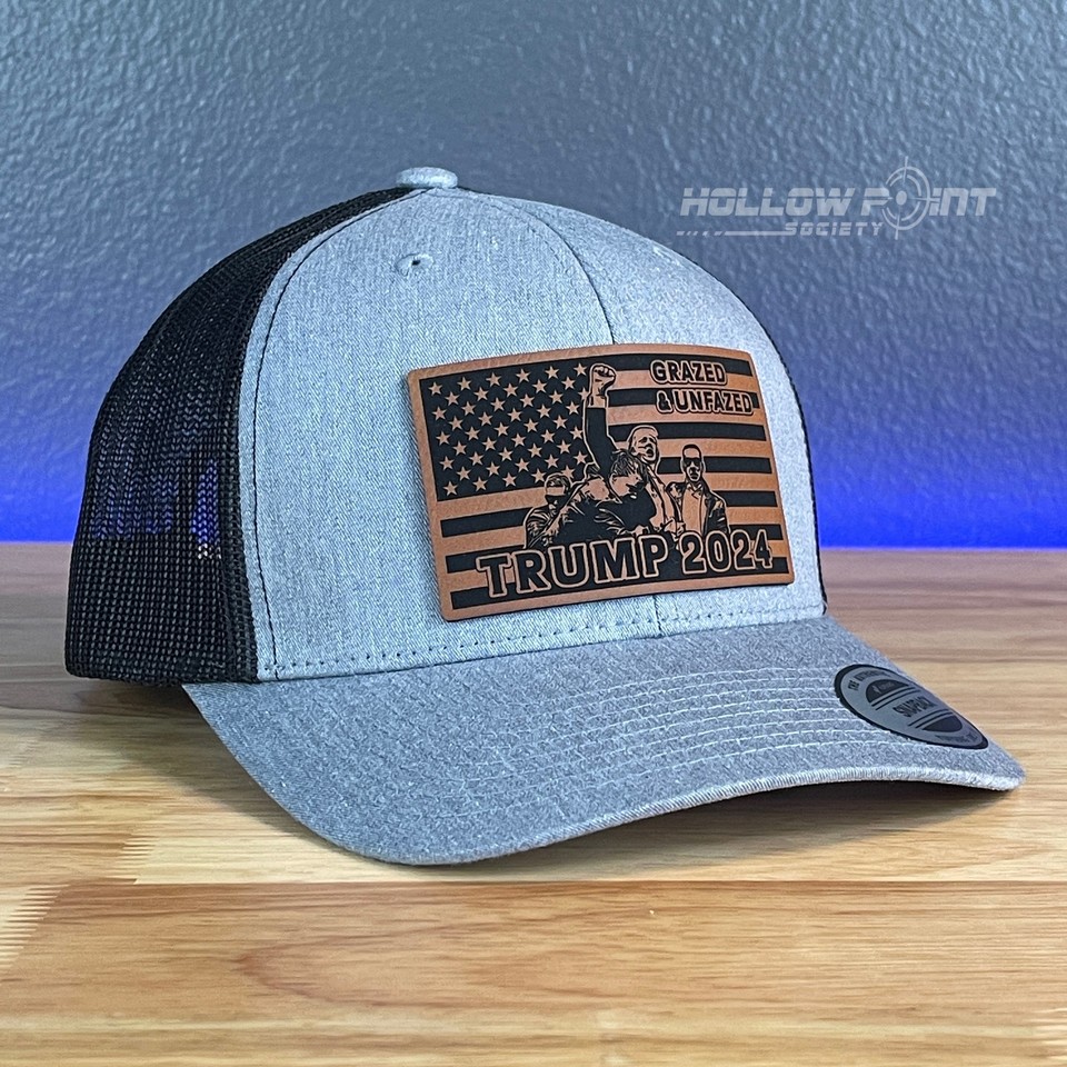 Grazed & Unfazed Trump 2024 Flag SnapBack Trucker Rawhide Leather Patch ...