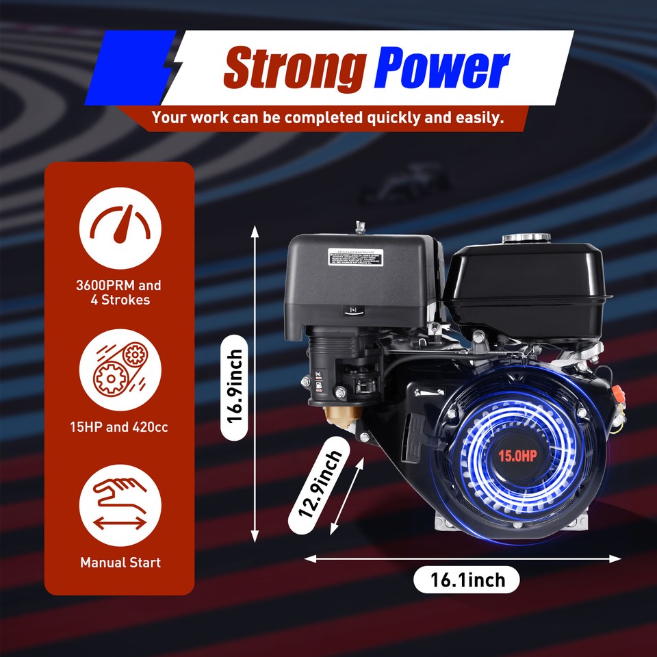 4-Stroke 420cc 15HP OHV Horizontal Shaft Gas Engine Recoil Start Go ...