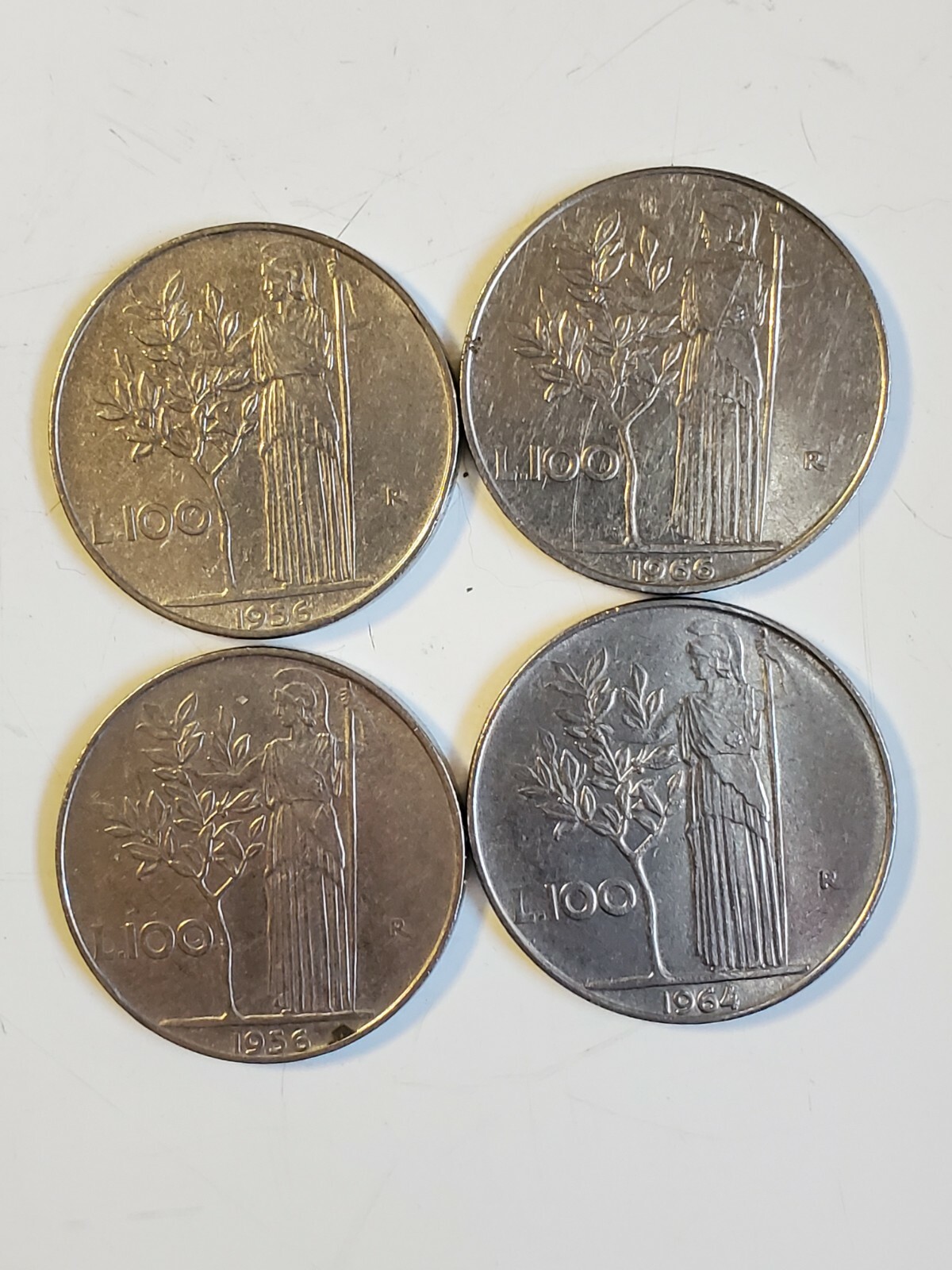 Italy Italian REPVBBLICA ITALIANA L.100 R COINS Lot 4, 1956 (2) 1964 ...