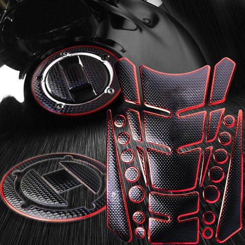 3D 8"Chrome Red+Perforated Black Tank Pad+Fuel Cap Cover 04-23 GSXR-600 ...