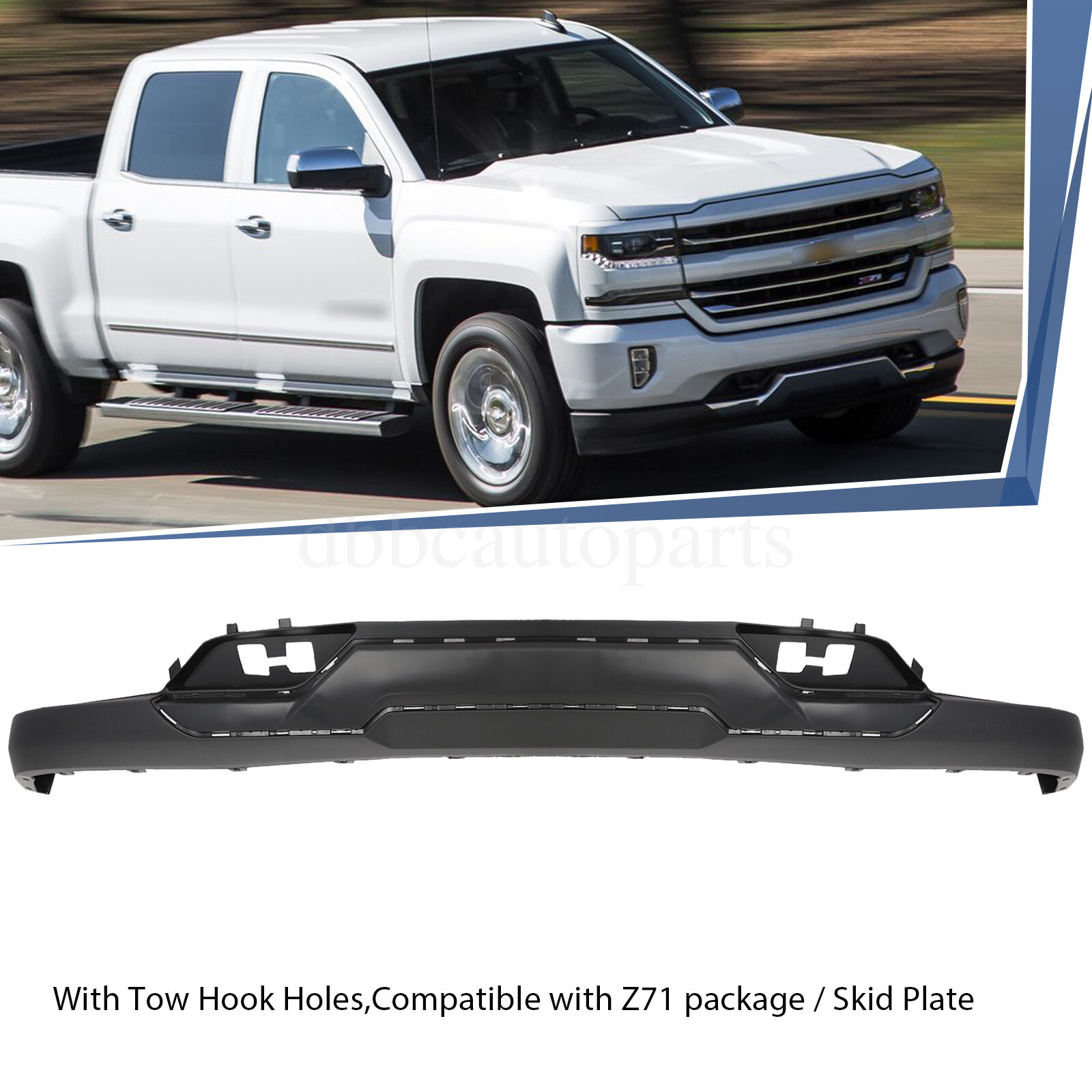 For Silverado 1500 2016-2019 Front Bumper Valance + Chrome Skid Plate W ...