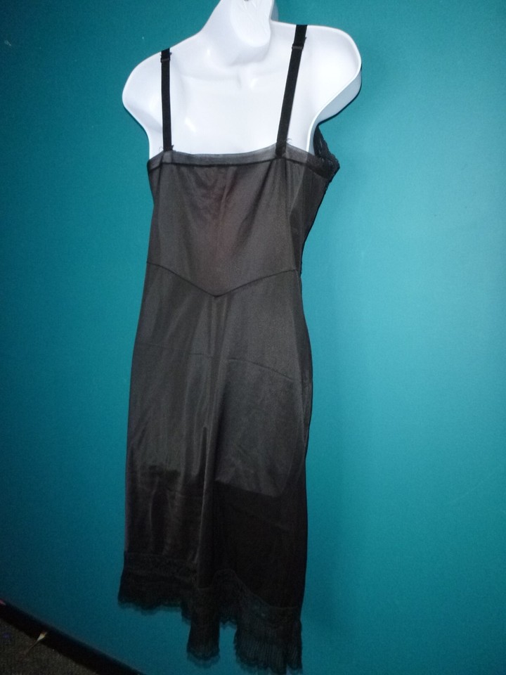 Vtg 60s Full Slip Black Nylon W/ Lace & Pleated Chiffon Bodice & Hem Sz ...
