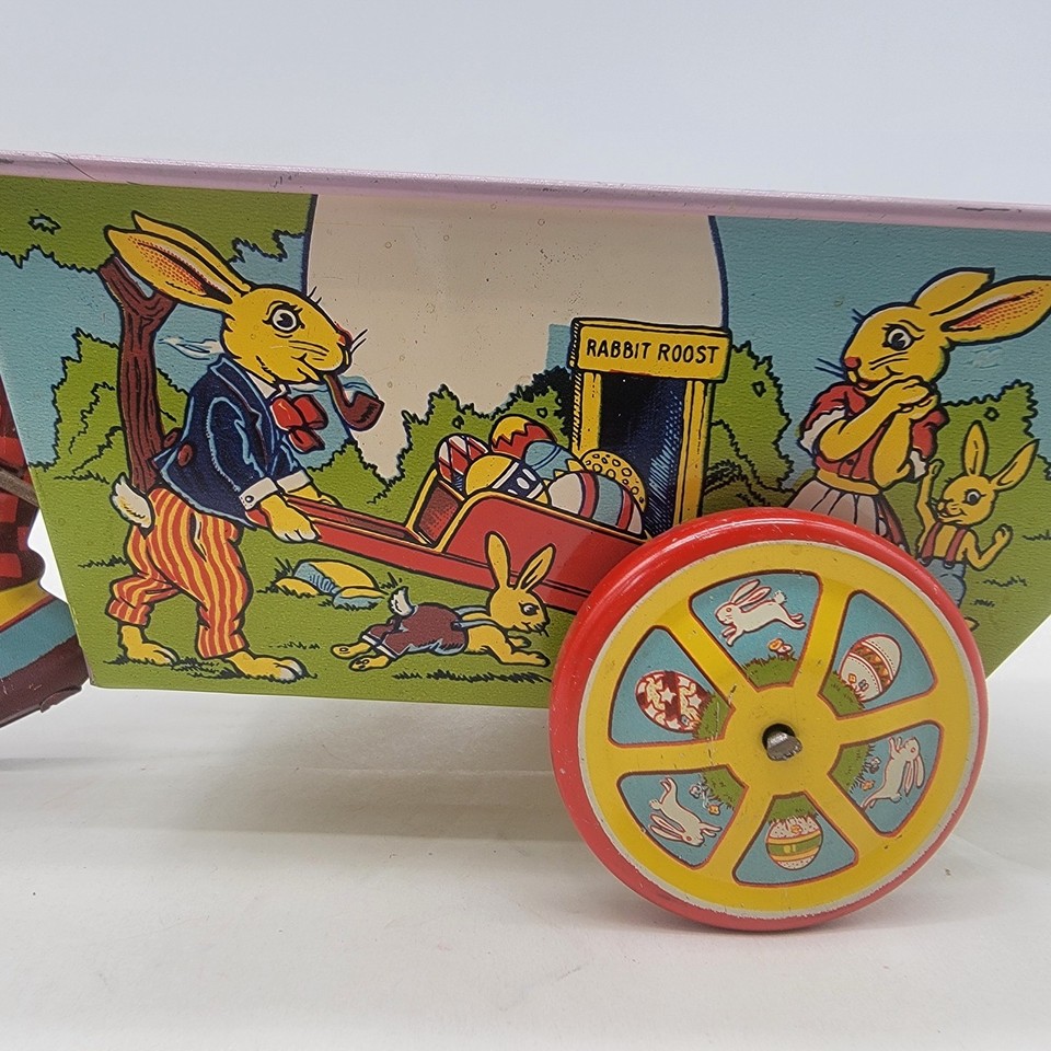 Vintage 1950's J Chein & Co. Easter Bunny Rabbit Pulling Cart Tin Litho ...