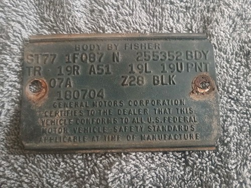1977 Z28 trim tag gm paint code id tag chevy camaro Cowl Tag | eBay