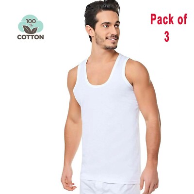 Men ribbed Vests 100% Cotton White Daily Underwear Stretchy Comfort ...