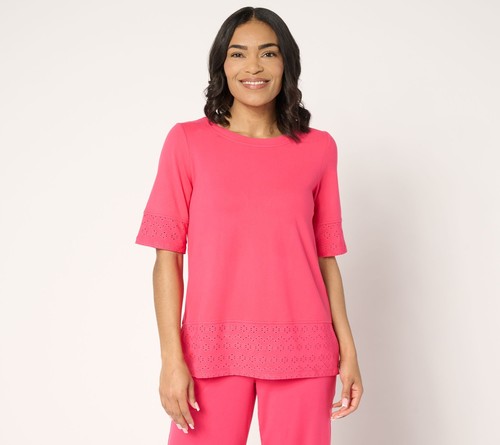 Cuddl Duds Women's Top Plus Sz 2X Flexwear with Eyelet Crew Neck Pink ...