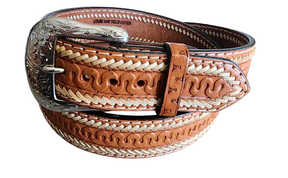 Western Cowboy Ranger Tooled‎ Tan Leather Belt Whip Stitch Serpentine ...