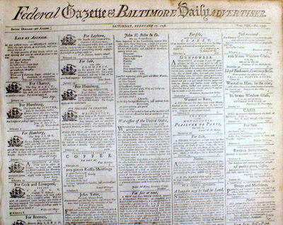 Rare original 1799 Baltimore MARYLAND newspaper THE FEDERAL GAZETTE ...