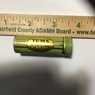 VINTAGE TUMS DISPENSER CONTAINER For the tummy HYPERACIDITY TIN METAL ...