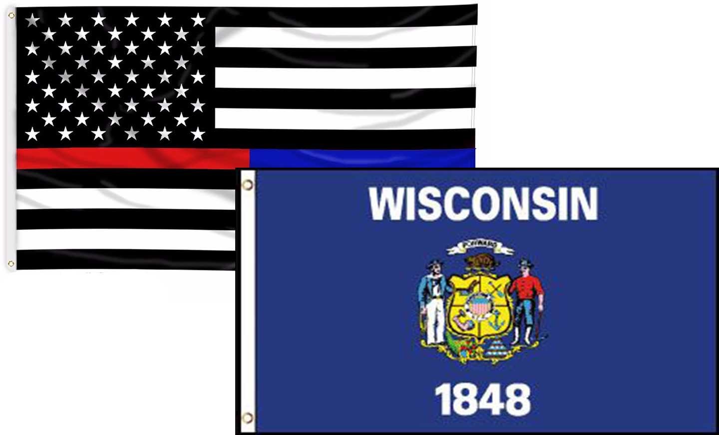 3x5 USA Thin Red Blue Line Wisconsin State 2 Flag Wholesale Set Combo 3 ...