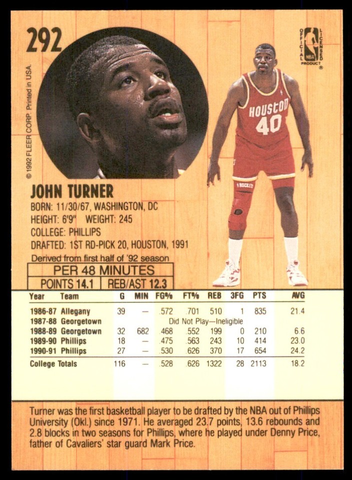 1991-92 FLEER JOHN TURNER HOUSTON ROCKETS #292 | eBay