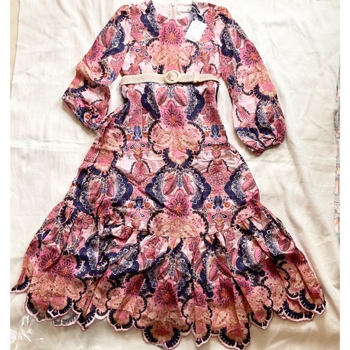 NWT Zimmermann LAUREL BILLOW EMB MIDI DRESS pink purple linen AU2 bust ...