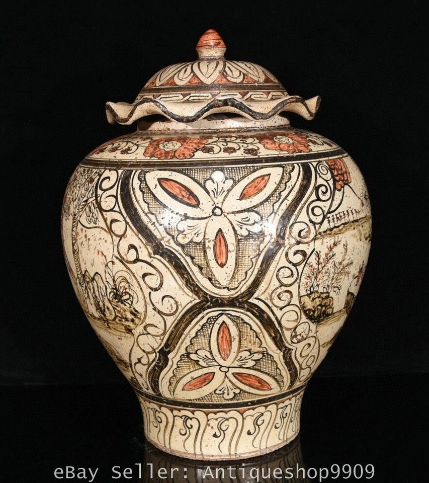 16.4"Chinese Marked Cizhou Kiln Porcelain Human Flower Pattern Lid Pot ...