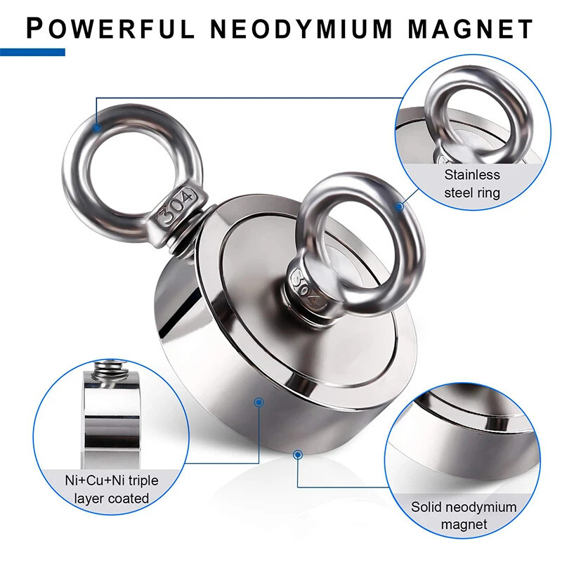 800 1300LB Neodymium Fishing Magnets Pulling Force Super Strong Round ...