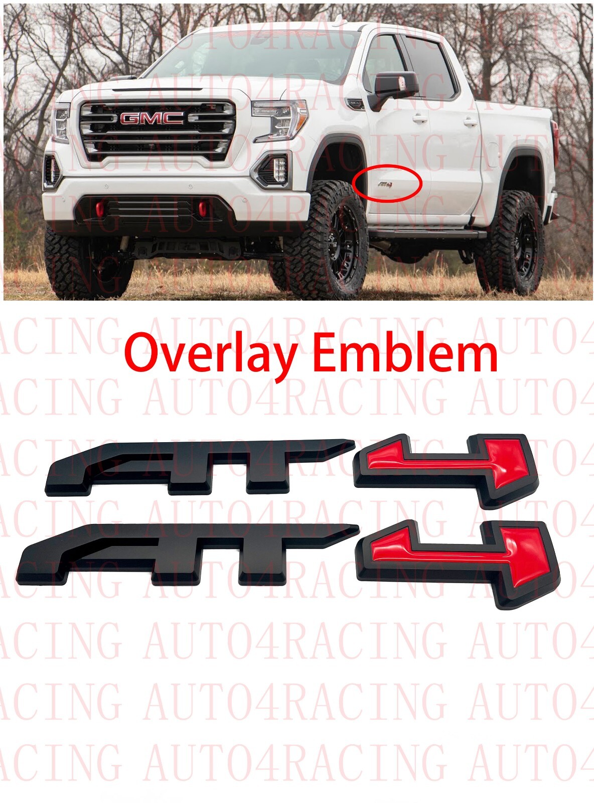 2PCS Matte Black Red AT4 Emblem Sierra Fit 2019-2024 GMC Sierra 1500 ...