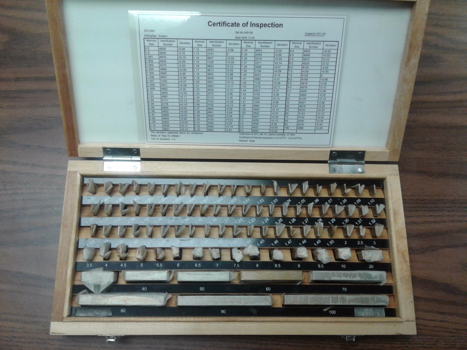 87 PCS/SET METRIC GAGE BLOCK SET, DIN861 GRADE 1 W. CERTS. #702F-87-1 ...