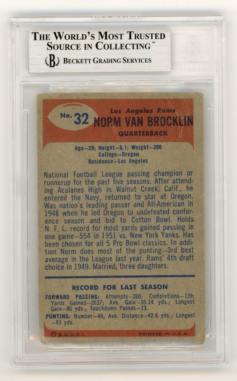 1955 Bowman #32 Norm Van Brocklin BGS Authentic Autograph Auto HOF RARE ...