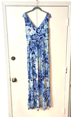 Lilly Pulitzer PEARCE Blue & Whites Floral pattern MAXI DRESS - Size L ...