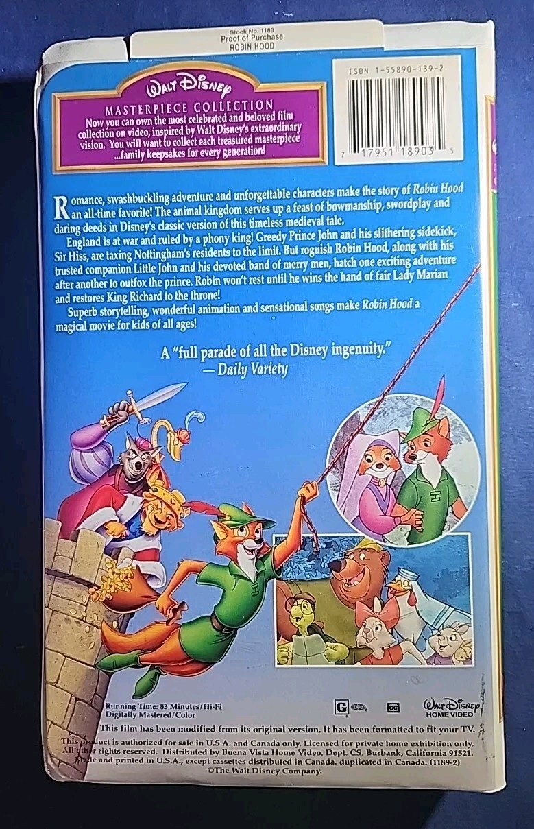 Walt Disney Masterpiece Collection Robin Hood Vhs 1991 Ebay