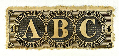 US PRIVATE DIE PROPRIETARY STAMP SCOTT # RS58b ABC 4C R.C.& CLARK, 1862 ...