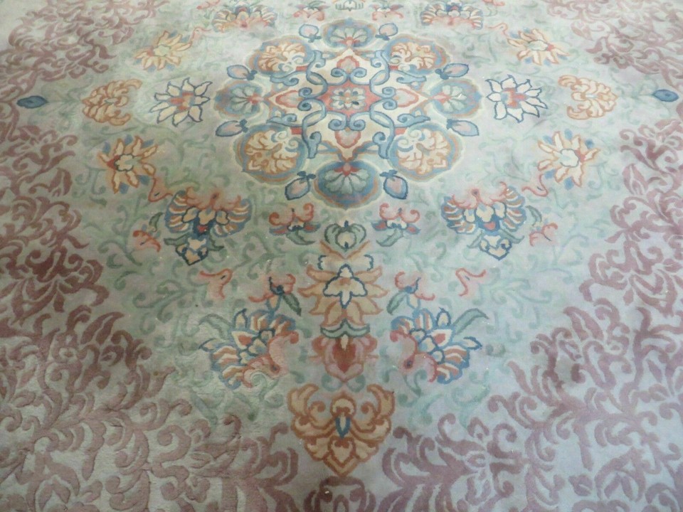 9' X 12' Vintage Handmade Chinese Carving Sculpture Wool Rug Flower ...