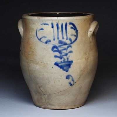 C.1860 3 Gallon Abstract Flower Pot Blue Slip Decorated Stoneware Ovoid ...