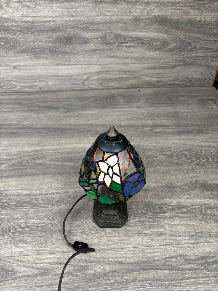 Vintage Tiffa-Mini Lamp Hummingbird & Flowers Slag Stained Glass Shade ...