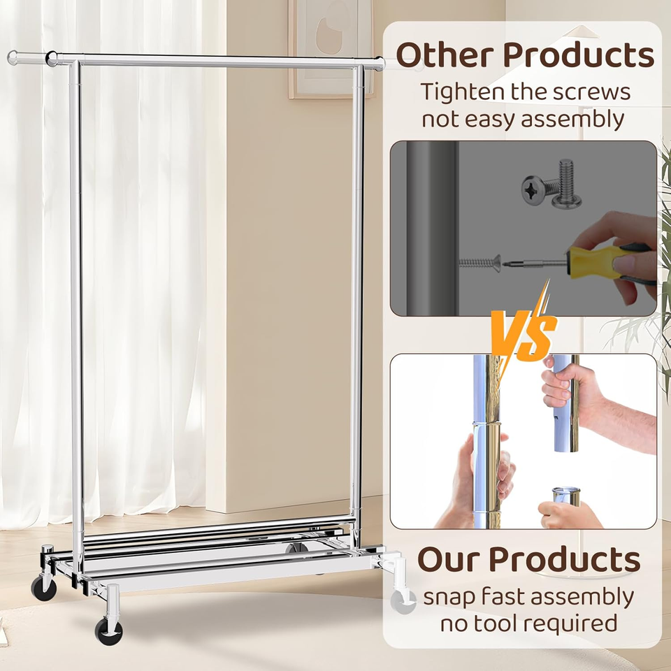 Clothes Rack, 480LBS Clothing Rack with Wheels & Shelf, Rolling Racks ...