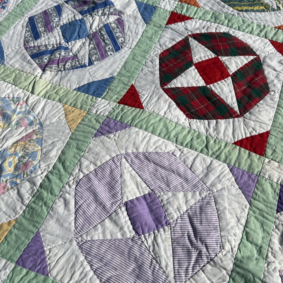 Vintage Hand Sewn Patchwork Quilt 77” X 65” Green, Multi Color. | eBay