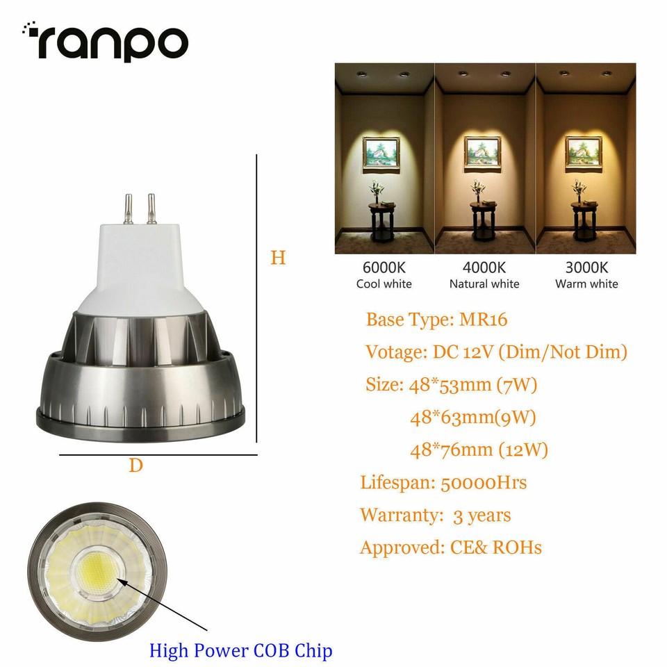 6x Dimmable Cob Led Spotlight Warm Light White Brightest Neutral Lamps ...