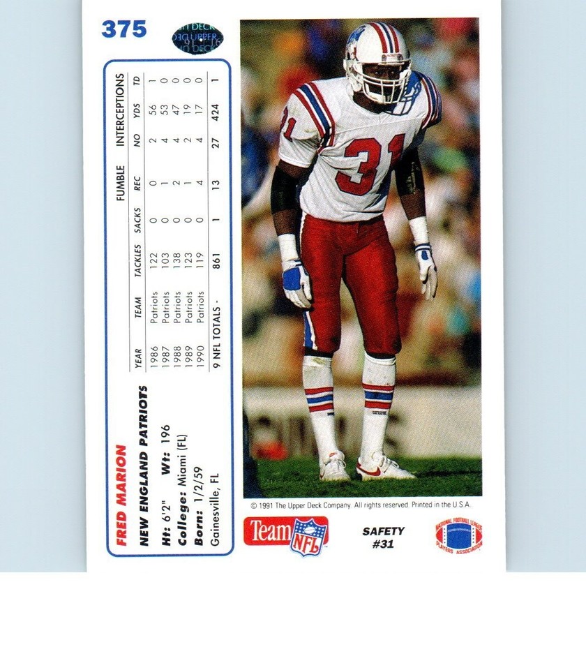 Fred Marion 375 Patriots 1991 Upper Deck NFL Football Trading Card | eBay