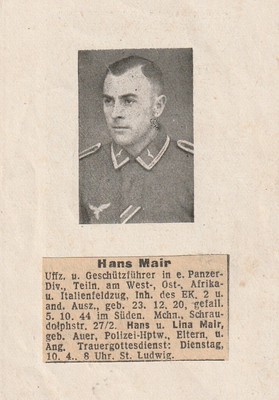 German WW2 Soldier Death Card * ORIGINAL * Panzer Divison - Italy ...