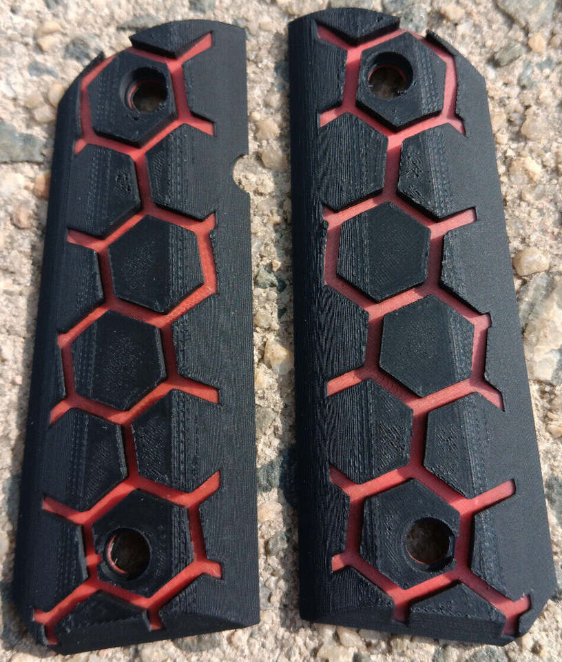 1911 Compact Grips - Hex Honeycomb Black & Red Textured Grips Colt ...