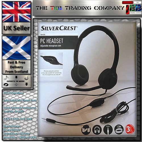 Silvercrest PC Headset - Adjustable Boom Arm - Inline Controls - 1.8m ...