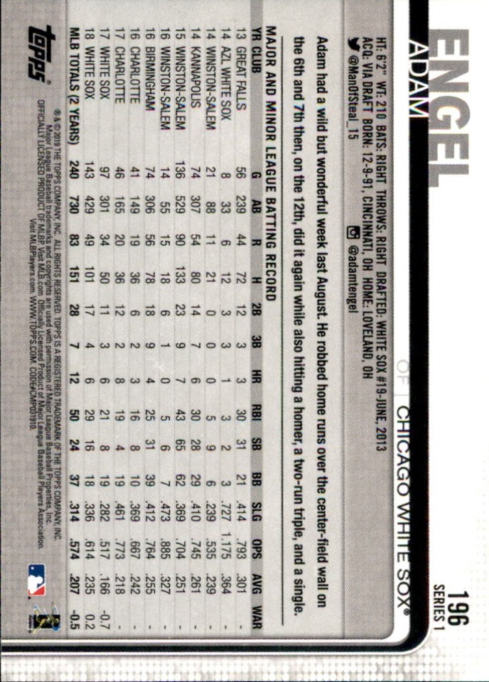 2019 Topps Baseball #196 Adam Engel | eBay