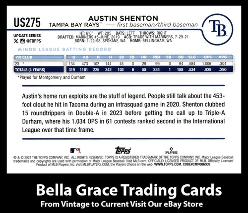 2024 Topps Update Austin Shenton #US275 Tampa Bay Rays Rookie MLB ...
