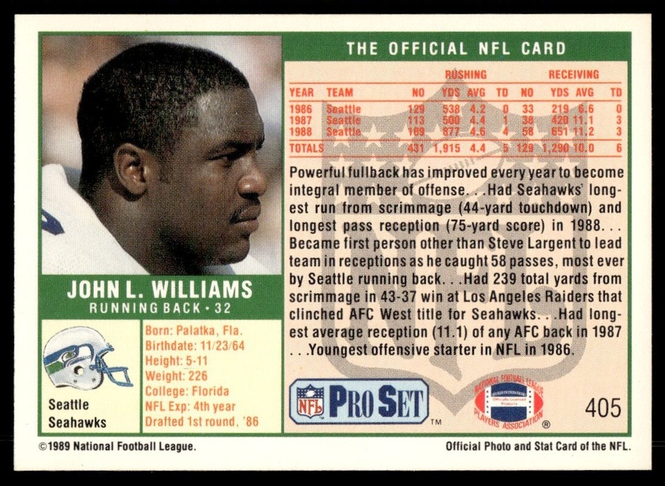 1989 Pro Set John L. Williams Seattle Seahawks #405 | eBay