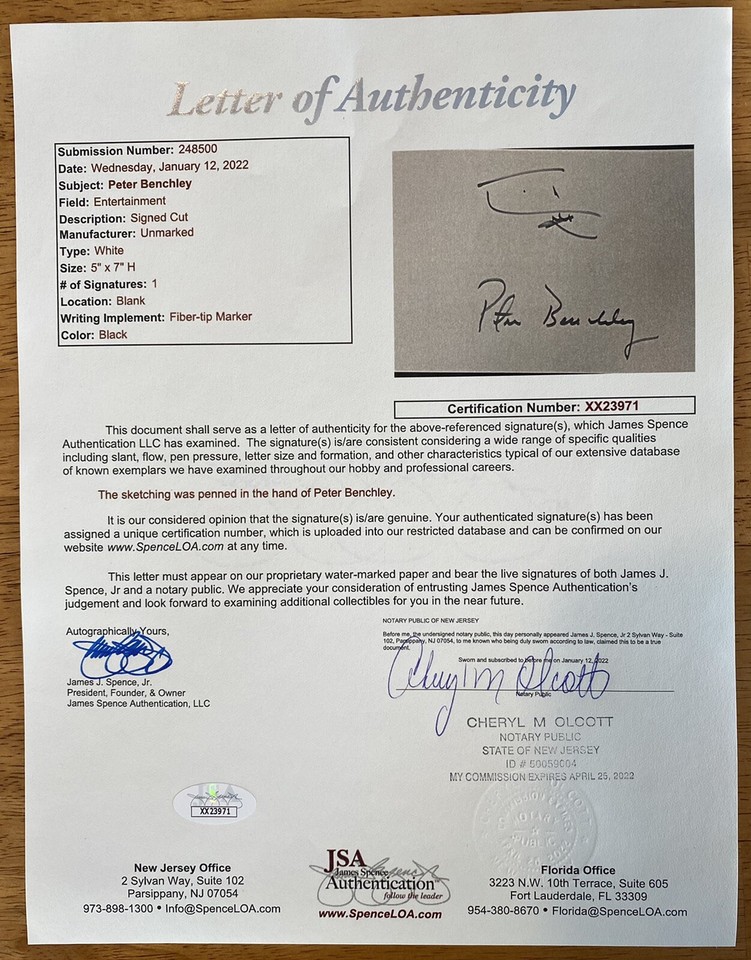 Peter Benchley Signed Autographed 5x7 Card w Jaws Sketch JSA Letter ...