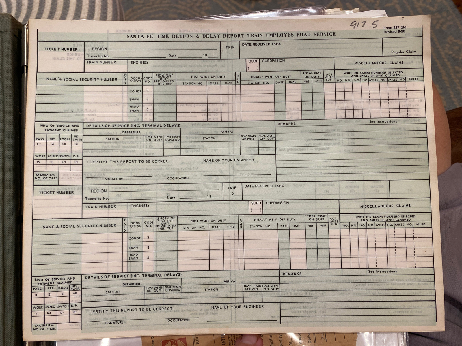12x SANTA FE FORM 827 STD TIME RETURN & DELAY REPORT Railroad TRAIN ...