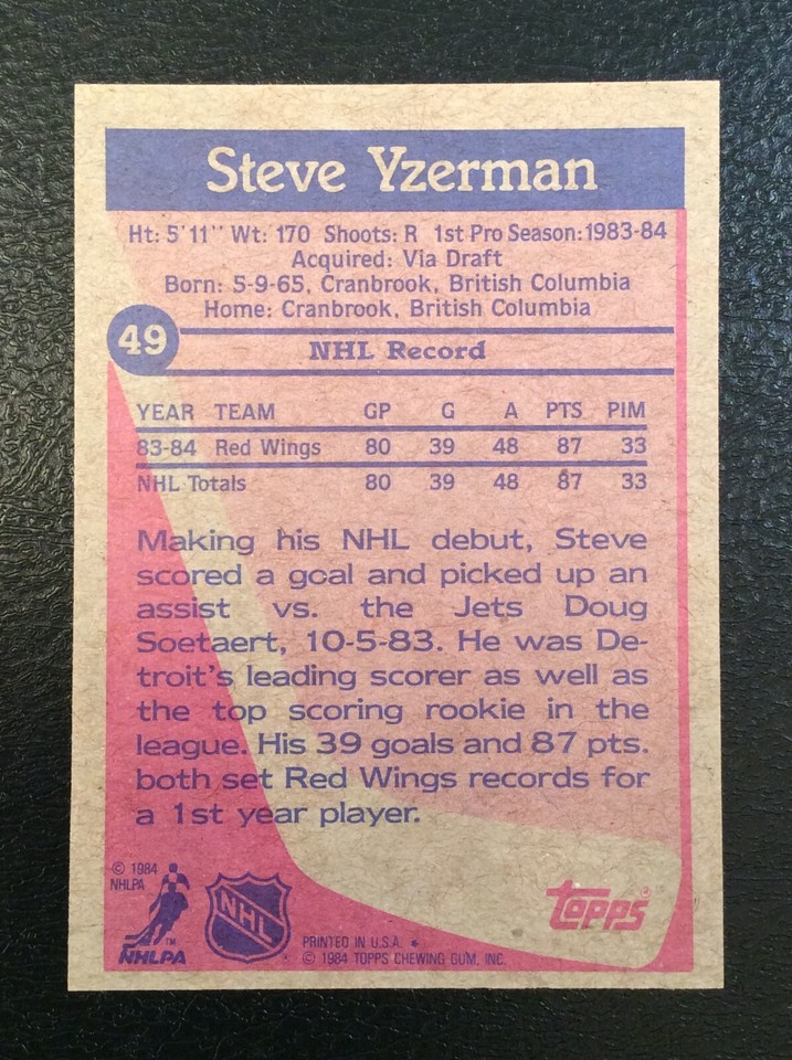 1984 TOPPS HOCKEY STEVE YZERMAN ROOKIE #49 4 | eBay