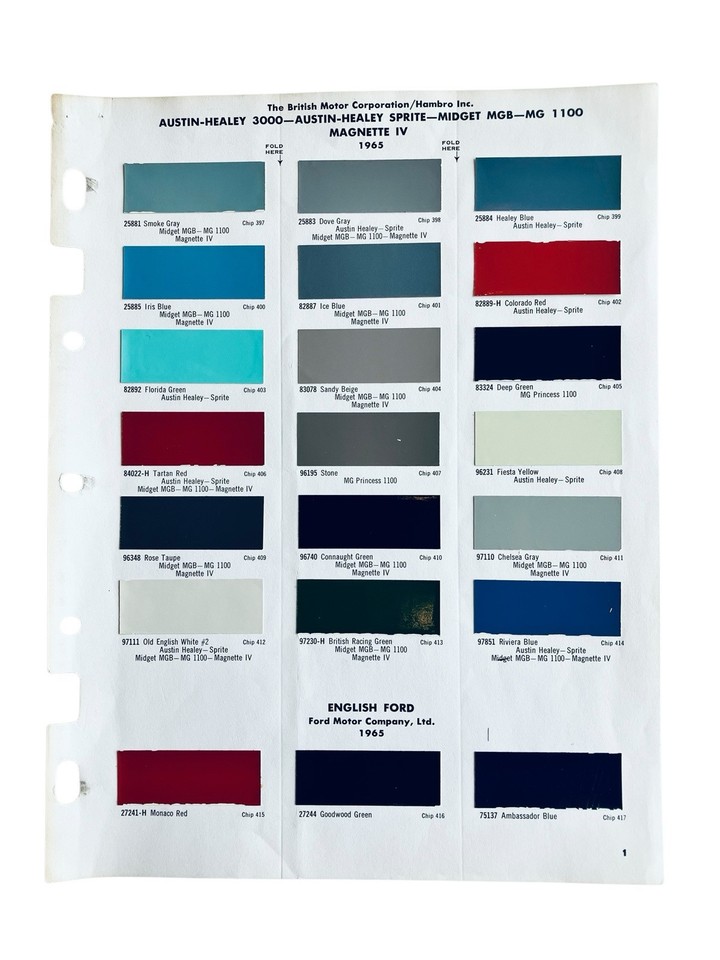 1965 Paint Chip Chart BMC Austin Healey 3000 Sprite Midget MGB MG ...