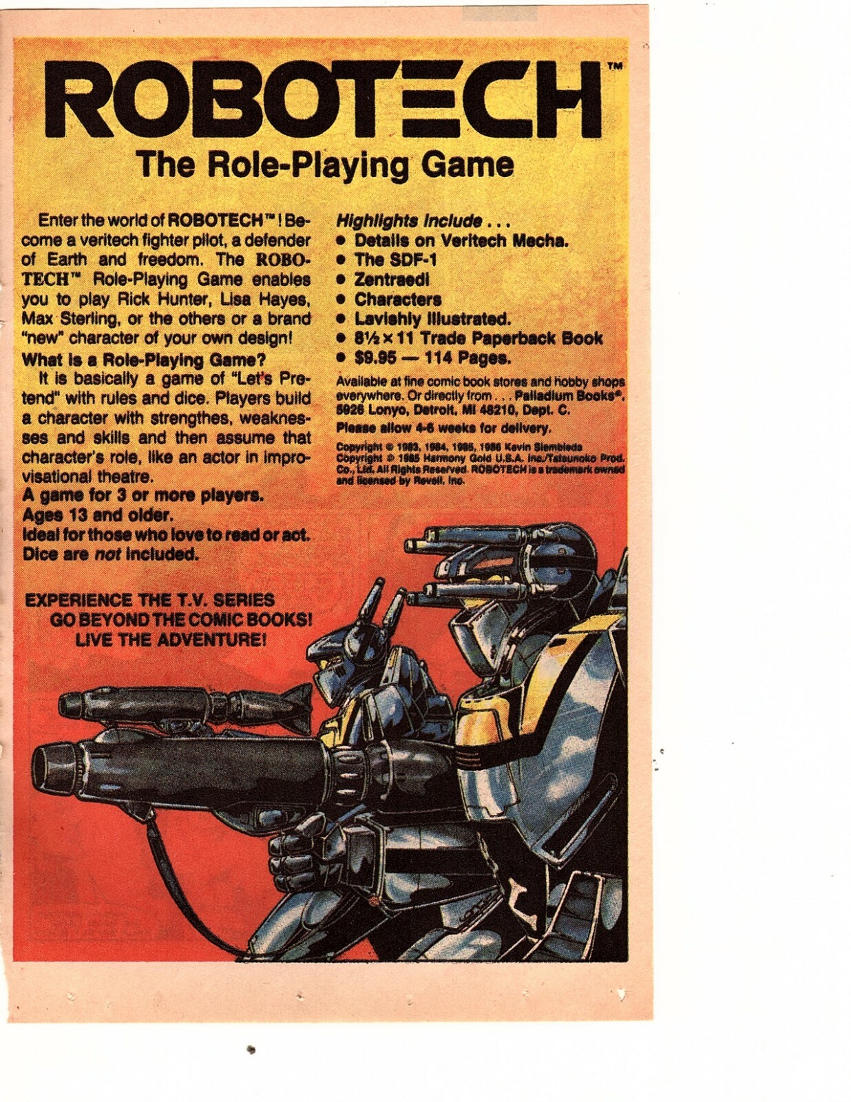 1987 VINTAGE 6.5x10 PRINT AD ROBOTECH ROLE-PLAYING GAME RPG ...